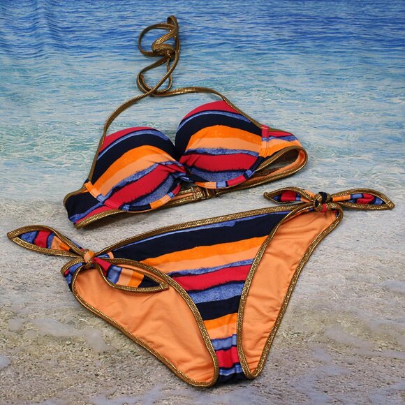 aerie | Swim | Aerie Bikini Swimsuit Colorful Orange Stripe Bikini 36a ...